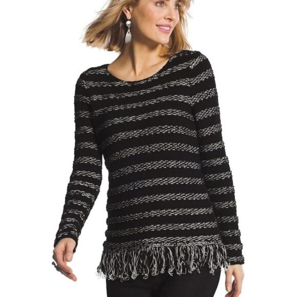 Chico's | Sweaters | Chicosblack White Striped Fringe Bottom Sweater ...